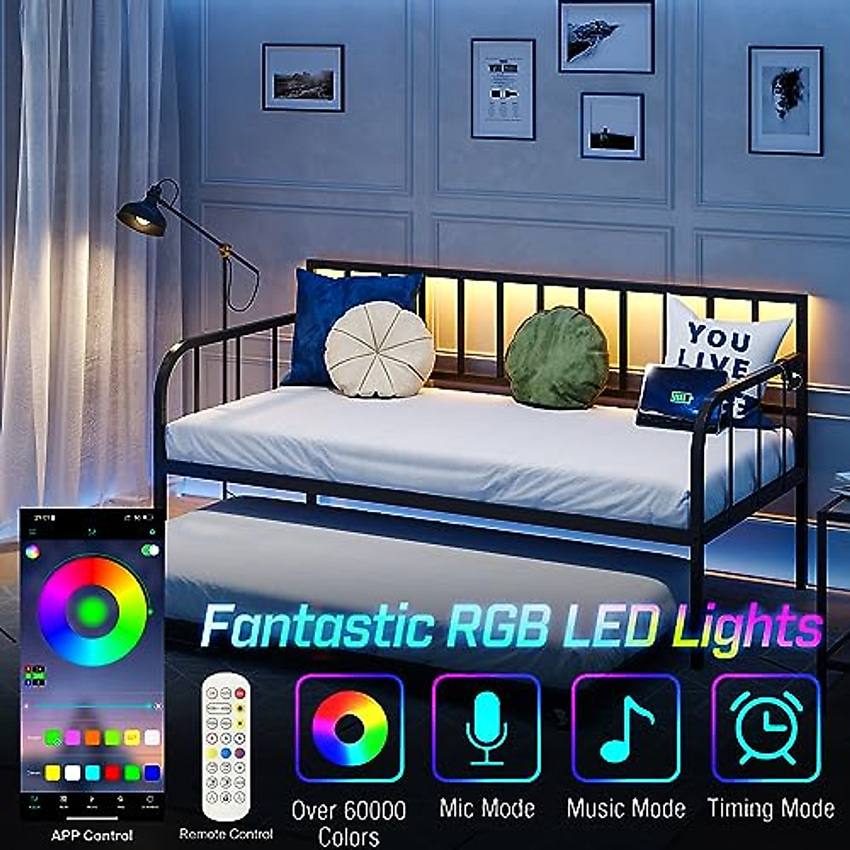 CollaredEagle Daybed with Trundle, Adjustable Sofa Bed Frame with Charging Station, Metal Twin Daybed with LED Lights for Living Room, Bedroom and Guest Room, Black