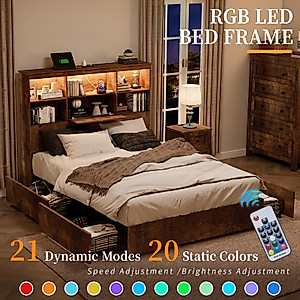 LUXOAK King Size Bed Frame with LED Bookcase Headboard, Wooden Storage Bed with Charging Station & 4 Drawers, No Box Spring Needed/Noise-Free/Rustic Brown