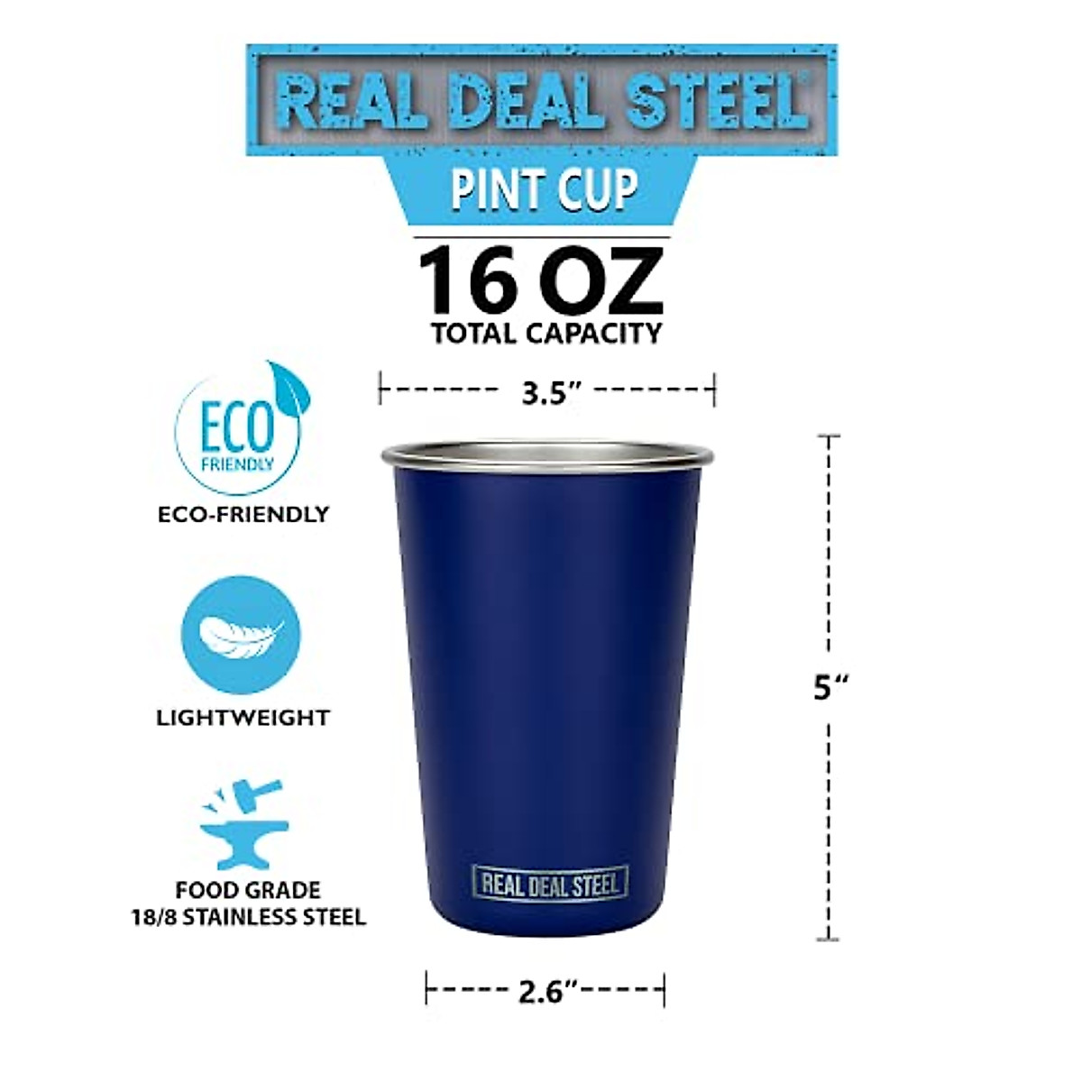 Real Deal Steel Party Pints: 16 oz Pint Cups, Stackable Tumblers, Eco Friendly Premium Metal Drinking Glasses