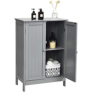 Tangkula Bathroom Floor Cabinet, Freestanding Storage Cabinet with Double Doors and Shelf, Modern Home Furniture, Wooden Home Organizer for Living Room, Bathroom Storage Cabinet, Grey