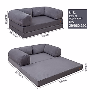 COMAX Folding Sofa Bed, Convertible Sofa Queen Floor Couch with L-Shaped Armrests, Foldable Futon Chair Bed Sleeper Mattress Fold Out Comfy Lounge for Living Room Bedroom, Dark Grey