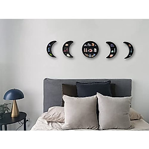 EOKI 5 Pieces 12.2" Moon Phase Shelf Set - Phases of The Moon Wall Decor - Crescent Moon Shelf for Crystals - Moon Phase Wall Decor Crystal Shelf Display - Above Bed Wall Decor Bedroom Storage (Black)
