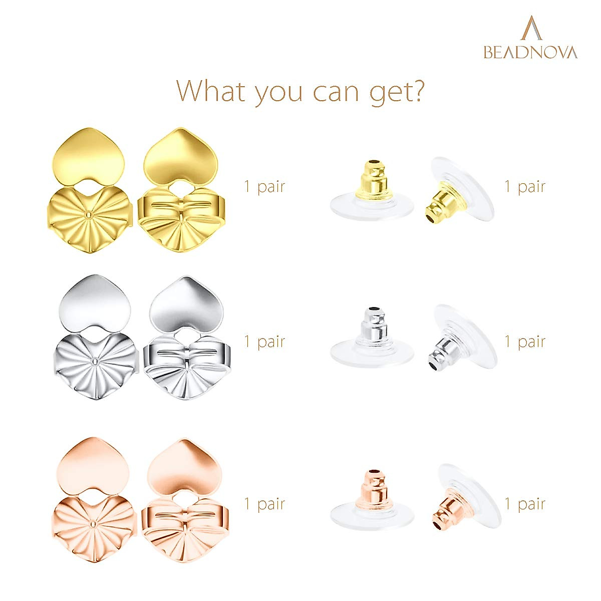 BEADNOVA Magic Earring Lifter Earring Back For Droopy Earring Bullet Clutch With Pad for Heavy Earring (Heart Style, 3 Colors Mix - Gold Plated, Silver, Rose Gold)