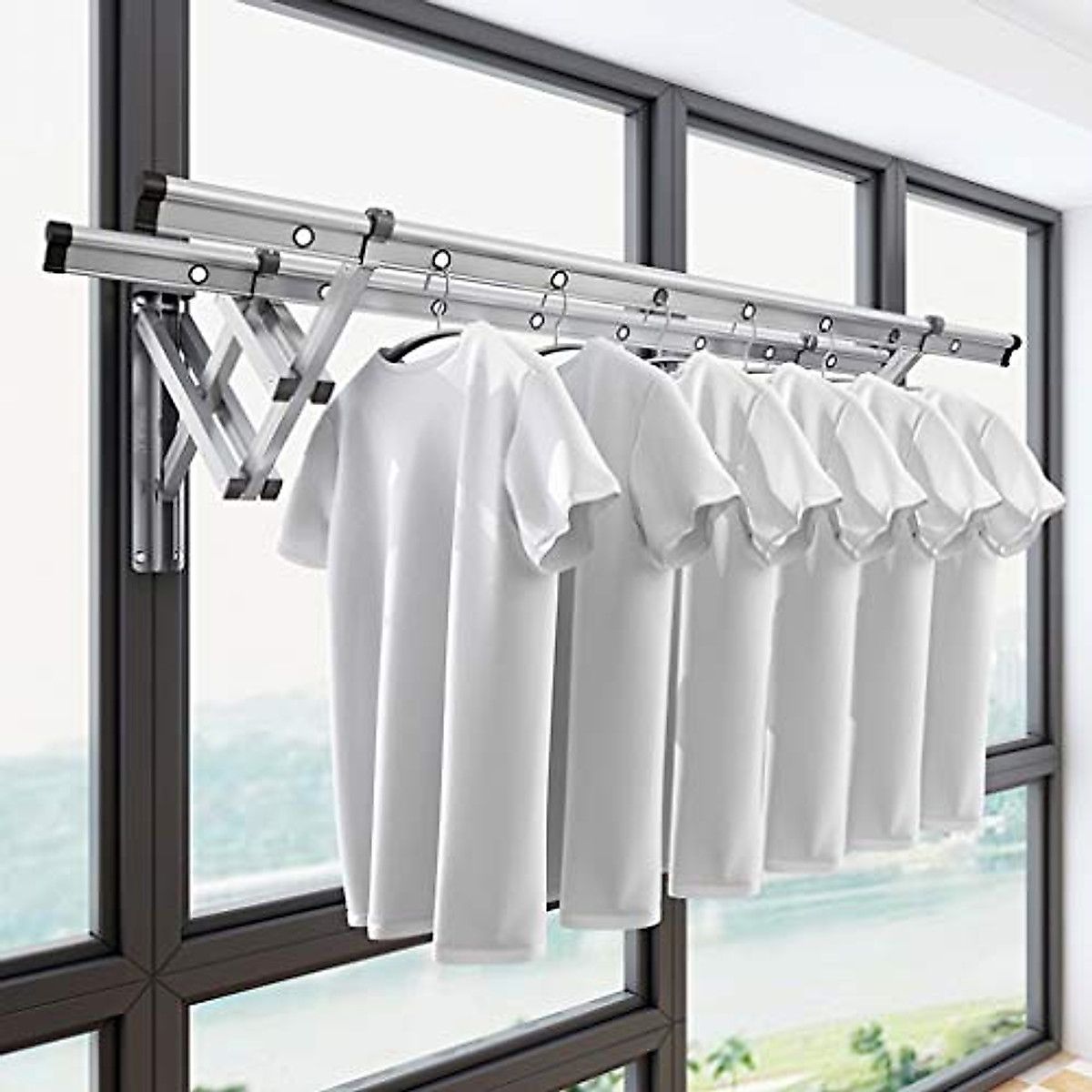 Laundry Rack, Airer-Wall Mounted Extendible Dryer Rack, Balcony Indoor Outdoor Clothes Pole Folding Retractable Airer Dryer Silver