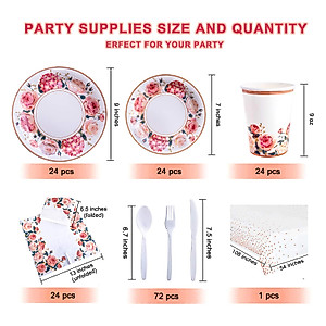 hapray Floral Party Supplies, (Serves 24) Rose Flower Disposable Paper Plates Cups Napkin, Knives Spoons Forks, Tableware Sets for Baby Shower Birthday Bridal Shower Tea Valentines Day Decorations