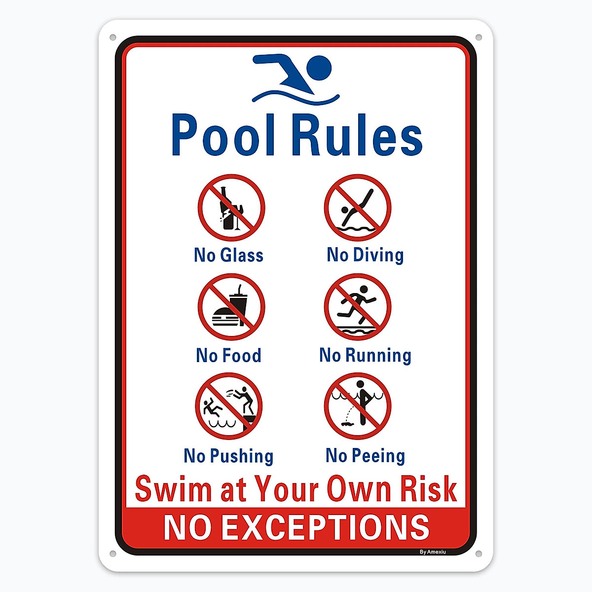 Pool Rules Signs No Diving No Glass Sign, No Food No Pushing No Running No Peeing in Pool Swim at Your Own Risk Signs, 14 x 10 Inches Rust Free Rust Free Aluminum, Easy Mounting (1 Pack )