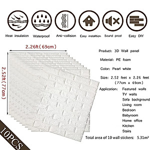 10PCS 3D Brick Wall Stickers, PE Foam Self-Adhesive Wallpaper Removable and Waterproof Art Wall Tiles for Bedroom Living Room Background TV Decor