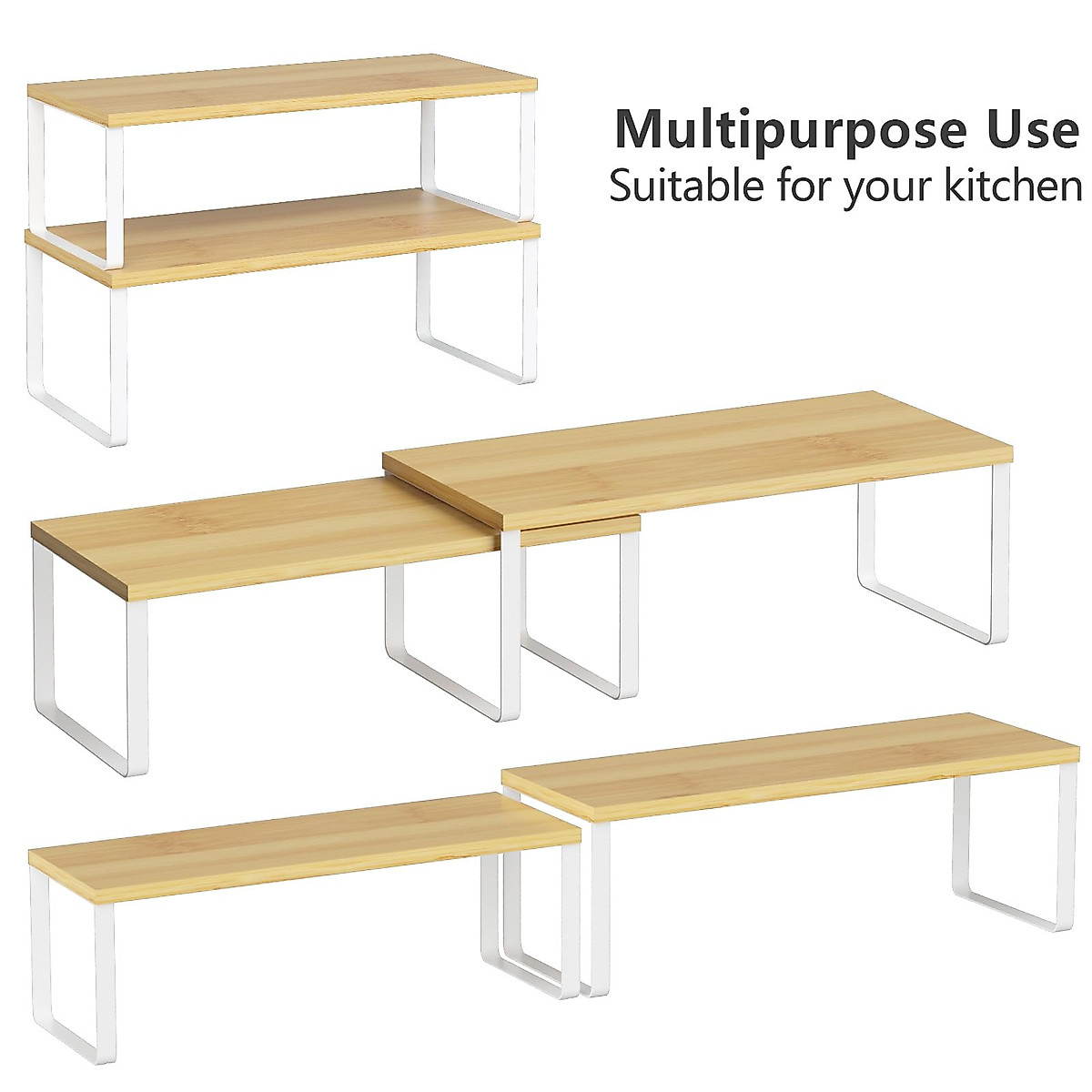 NEX Kitchen Cabinet and Counter Shelf Organizer, Stackable & Expandable, Set of 4, White and Natural - 7.7 x 15.6 x 6.2''