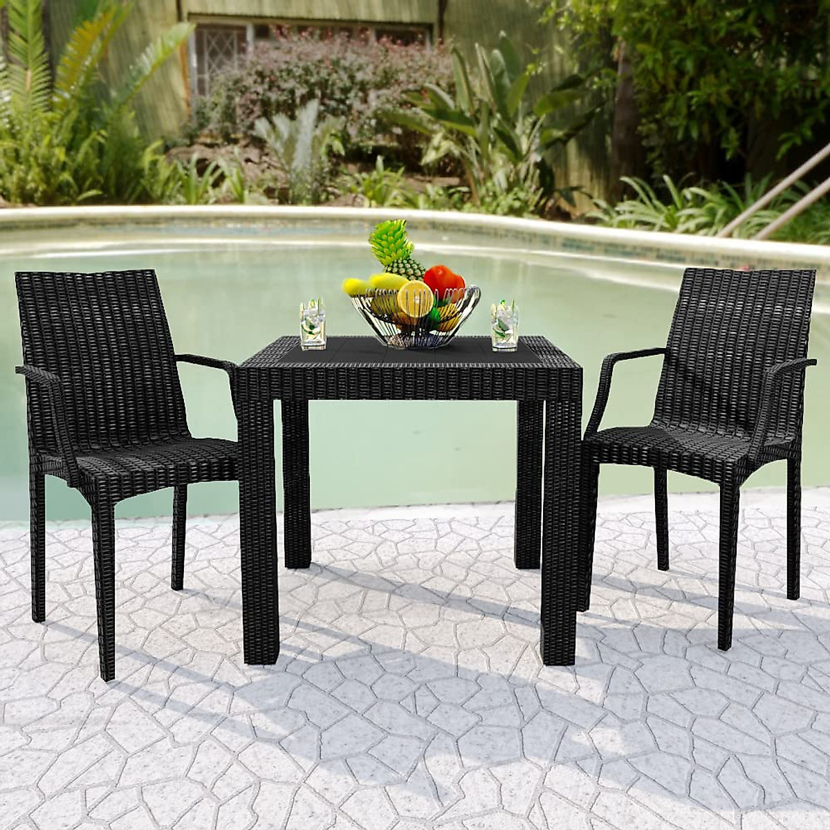 LeisureMod Hickory Weave Indoor Outdoor Patio Dining Side Armchair Set of 2 (Black)