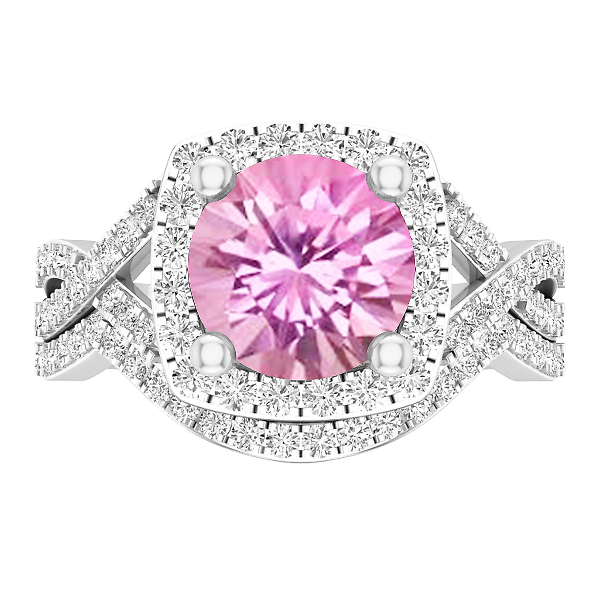 Dazzlingrock Collection 8 mm Round Lab Created Pink Sapphire & White Cubic Zirconia Women Split Shank Halo Wedding Ring Set, Sterling Silver, Size 6