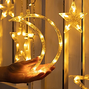 CSX Solar String Lights 138LED Moon Star Twinkle Lights with Remote 8 Lighting Modes Curtain Lights Window Lights Hanging Fairy Lights Outdoor Waterproof for Yard Garden Patio Ramadan Christmas Decor