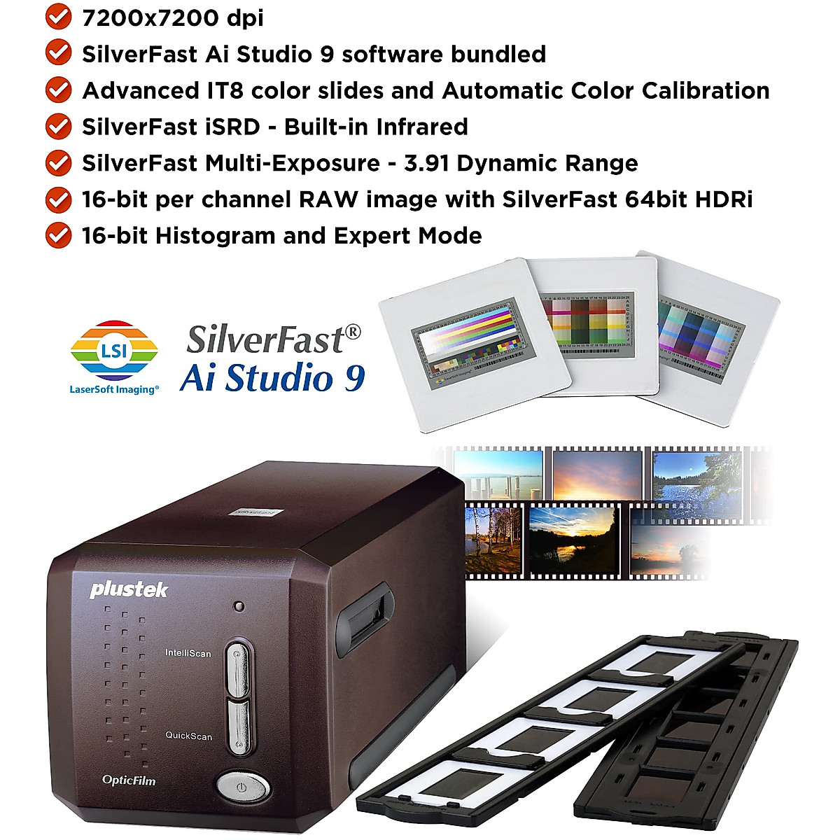 Plustek OpticFilm 8300i Ai Film Scanner - Converts 35mm Film & Slide into Digital, Bundle SilverFast Ai Studio 9 + QuickScan Plus, Include Advanced IT8 Calibration Target (3 Slide)