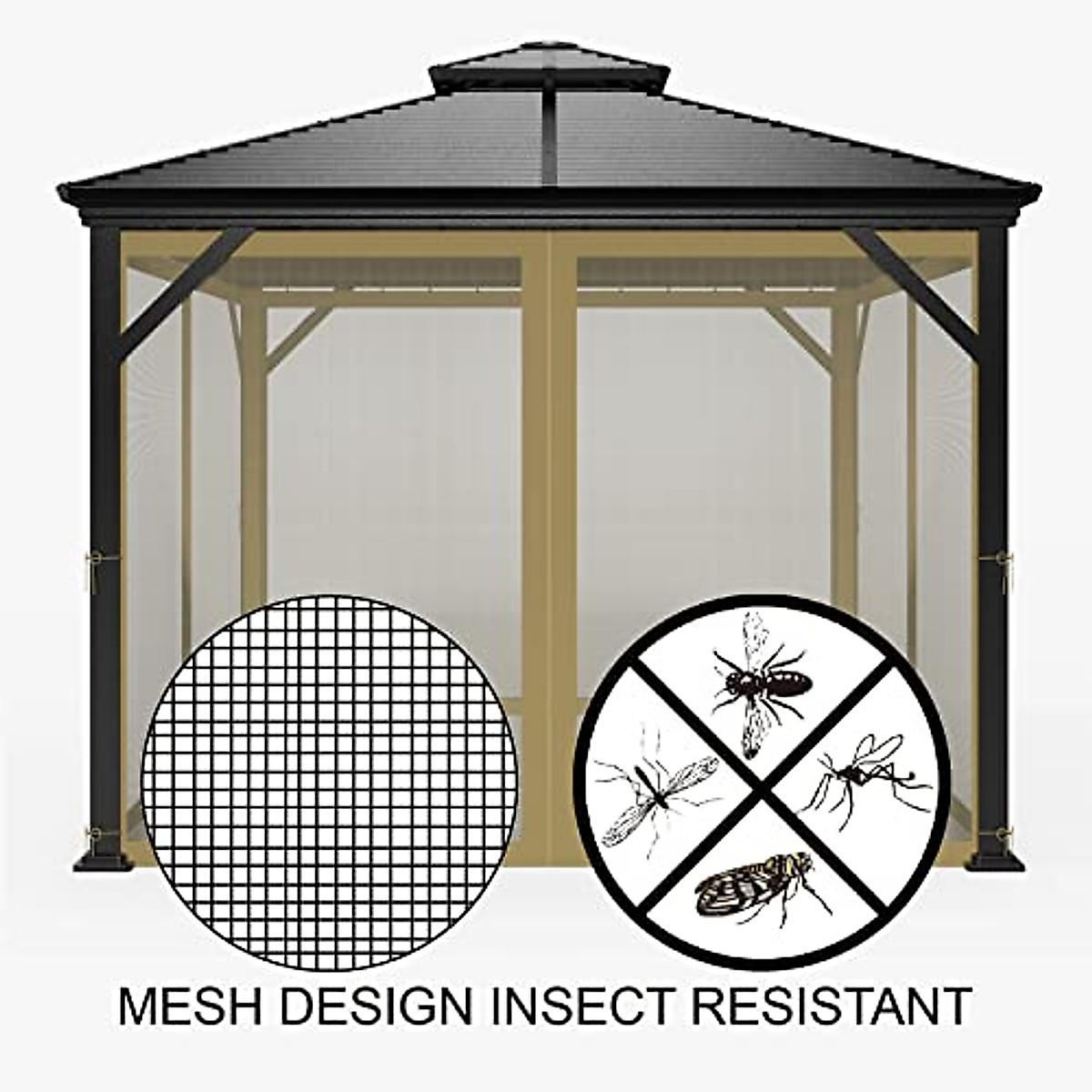 10-ft x 13-ft Gazebo Netting Replacement,Universal 4-Panel Mosquito Netting for Gazebo with Zippers(Only Netting)-Taupe