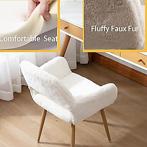 White Faux Fur Desk Chair with Wood-Like Metal Legs,Furry Makeup Vanity Chair for Girls Women,Cute Kids Chair,Fluffy Home Office Chair Without Wheels for Living Room,Bedroom