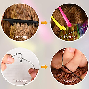 Chuangdi Sew in Hair Extension Tool Kit, 600 Silicone Lined Micro Ring Beads 1 Pliers 2 Hook Needle Pulling Loop 10 Curved Hair Needle 4 Alligator Clips 1 Comb 100 Black Mini Rubber Band
