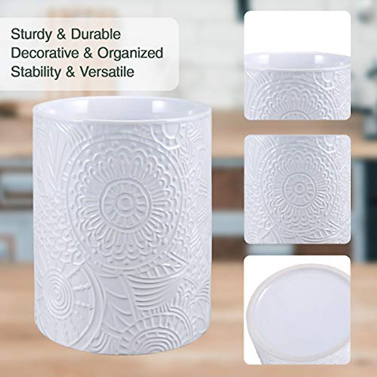 MEIGUI Ceramic Utensil Holder, 7.5 inch High Utensil Holder for Countertop, Modern Cooking Large Utensil Caddy, Durable and Stylish Kitchen Utensil Crock, Flower White