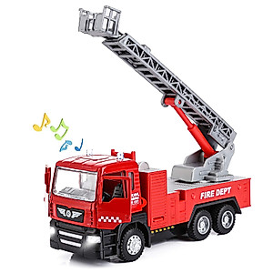 haomsj Metal Micro Fire Truck Extending Rescue Rotating Ladder Toy Truck for Boys 3 4 5 6 7 Year Old（Ladder Truck）
