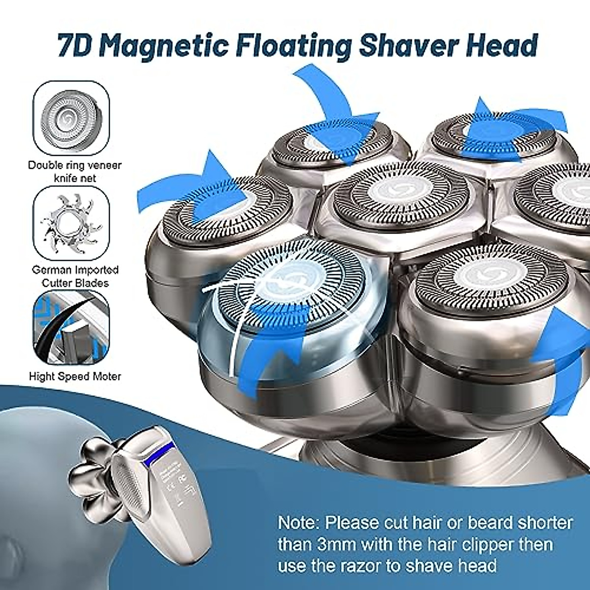 Magnetic Head Shavers for Bald Men - 7D Detachable Bald Head Shaver Adjustable Speed Men's Electric Razor Scalp Grooming Kit IPX7 Waterproof Wet Dry Shaving USB Type-C Rechargeable LED Display