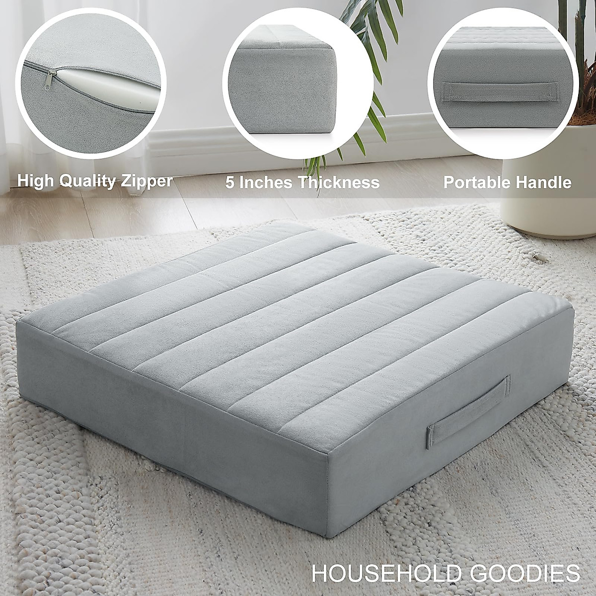 JKMAX 22 inches Floor Pillow for Adults - Large Meditation Cushion with Thick Foam & Soft Tufted Cover - Premium Outdoor Square Floor Cushion Seat - Yoga Pillows for Sitting On Floor - Light Gray