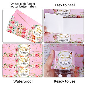 WaaHome Thank You for Celebrating with Us Water Bottle Labels Decorations, 24pcs Waterproof Pink Flower Bottle Labels Stickers for Wedding Baby Shower Bridal Shower Holiday Party Favors Supplies