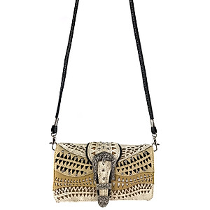 Justin West Studs Laser Cut Triangle Western Rhinestone Buckle Handbag Purse Conceal Carry (Beige Wallet Only)