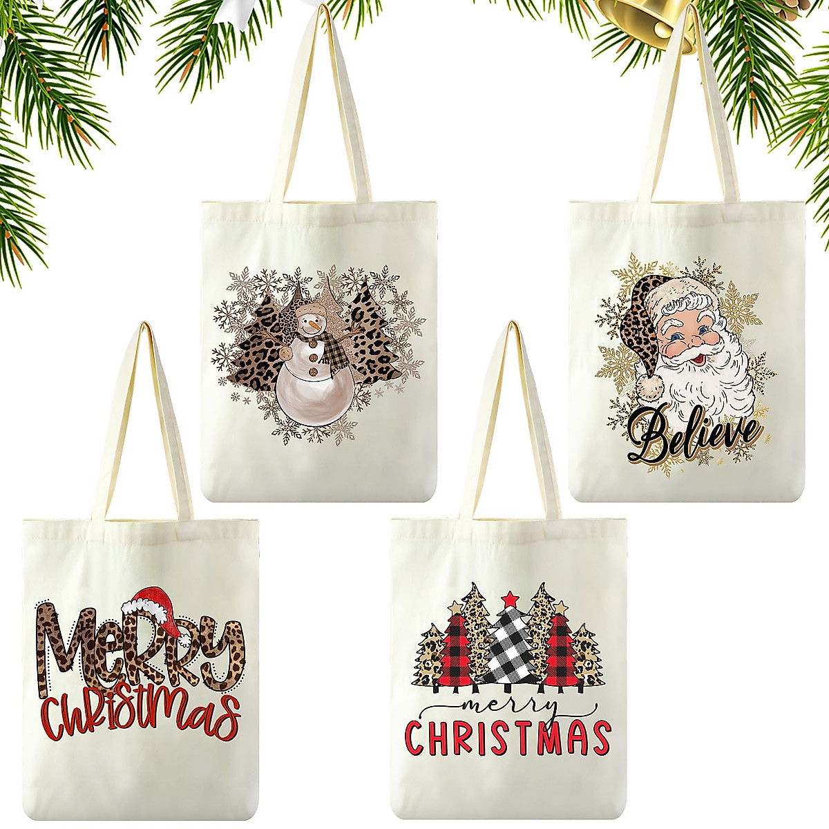 Abbylike 4 Pcs Christmas Canvas Tote Bag Reusable Grocery Shopping Bags with Interior Pocket Cute Casual Reusable Shoulder Bag for Supermarket Shopping Party Xmas Gifts Favor Supplies Women Presents