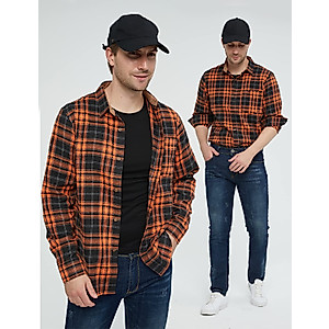 SSLR Flannel Shirts for Men, Long Sleeve Button Down Shirt Lightweight Plaid Brushed Casual (Small, Orange Flannel)