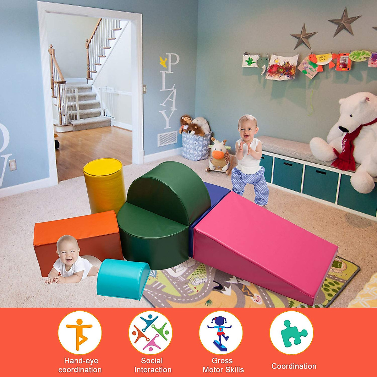 Crawl and Climb Foam Play Set, Colorful Fun Foam Play Set, 6 Piece Lightweight Interactive Set, Children’s Software Composite Toy for Indoor Active Play, Crawling, Climbing, Sliding (6PCS-COLORFUL)