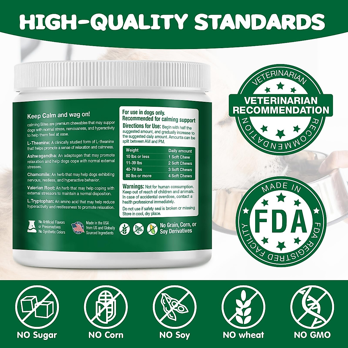 ziehooGe Dog Calming Chews - Anxiety Relief Treats, Hemp Chews for Dogs Separation, Stress Relief, Sleep Calming Aid Chicken Flavor Dog Supplements 120 Chews