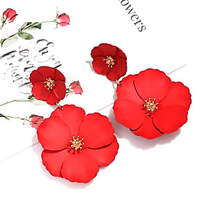 CEALXHENY Flower Dangle Earrings Boho Layered Floral Petal Drop Earrings Statement Stud Earring for Women (A-Red)