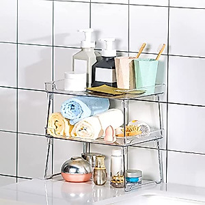 EsLuker.ly Set of 3 Stackable Cabinet Shelf Kitchen Cabinet Organizers and Storage, Foldable Cabinet Storage Shelf Rack Kitchen Counter Shelves for Pantry Cupboard, Clear Plastic/Metal