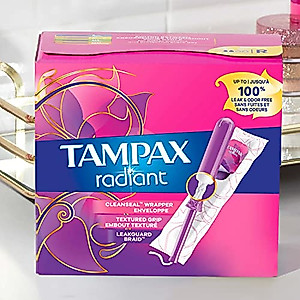 Tampax Radiant Tampons Multipack, Regular/Super/Super Plus Absorbency, With Leakguard Braid, Unscented, 28 Count x 4 Packs (112 Count total)