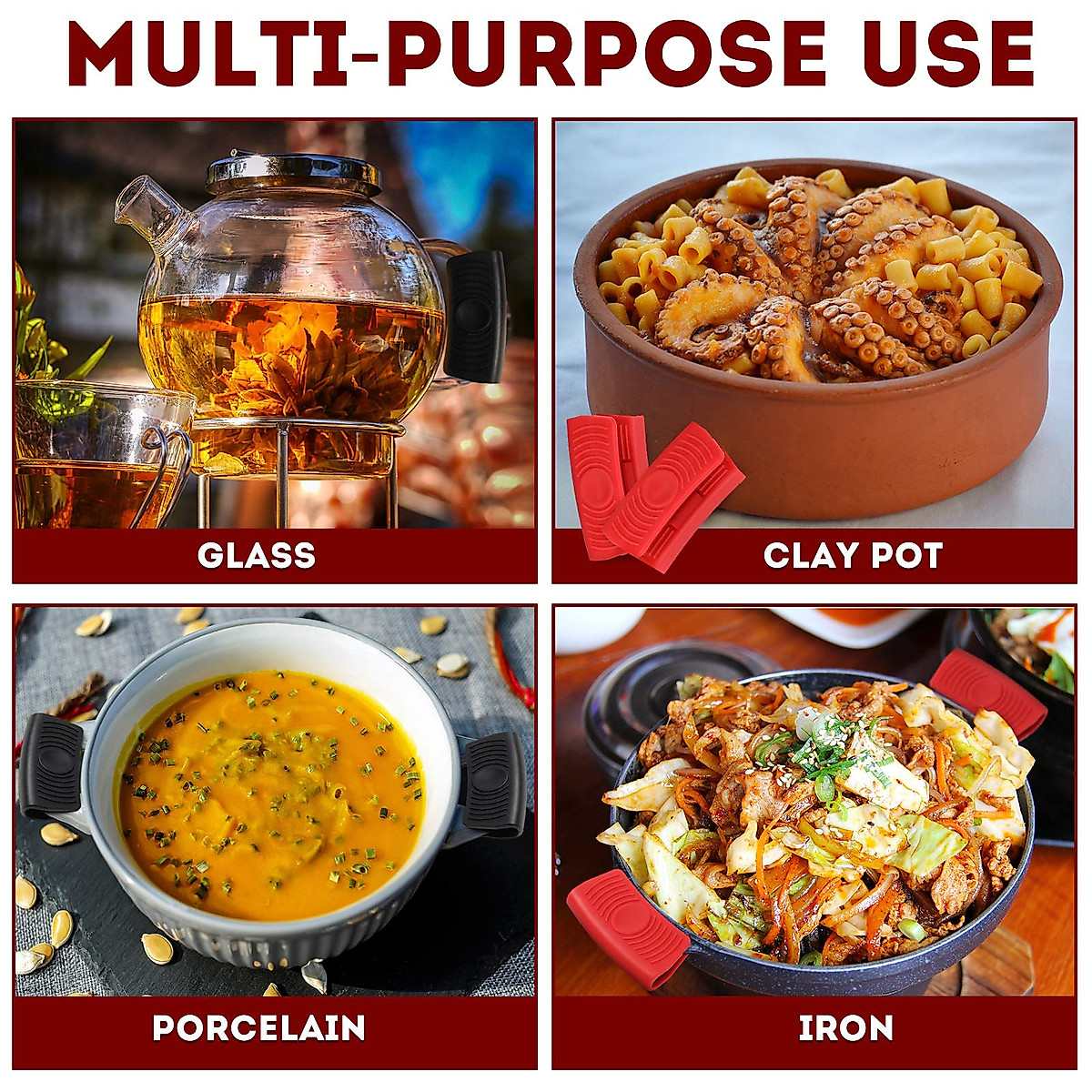 2 Pairs Silicone Assist Handle Holder Heat Insulated Hot Pot Grip Handle Cover Sleeve Grip for Cast Iron Woks, Pans, Griddles, Skillets, Plates (Red and Black)