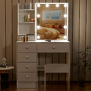 White Vanity with Mirror and Lights, Makeup Vanity Table with Charging Station, 31.5" W Vanity Desk for Bedroom, 3 Modes Brightness Adjustable, 5 Drawers Dressing Table Set