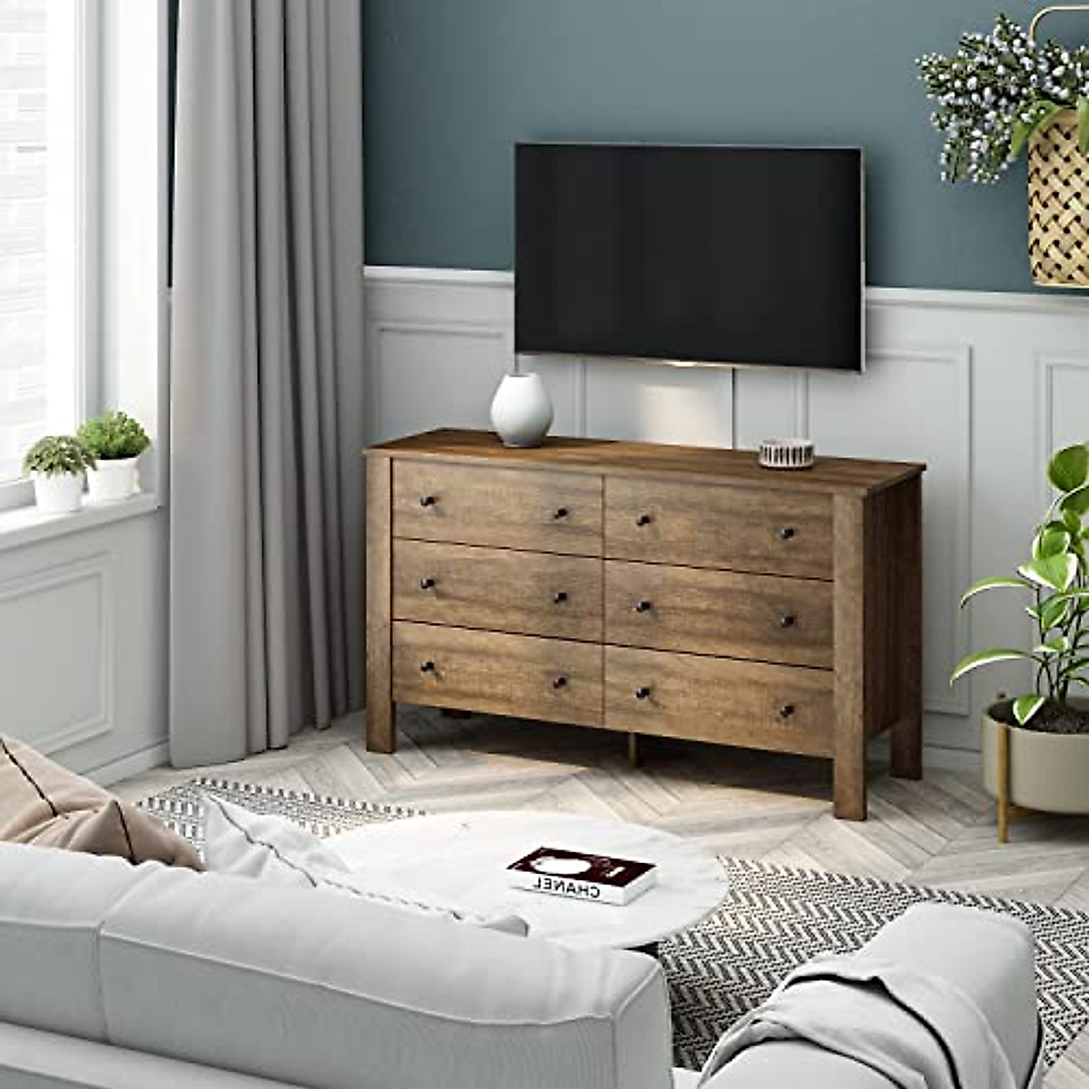 ITUSUT 6 Drawer Dresser, Wood Chest of Drawers, Wide Storage Dresser with Sturdy Frame, Closet Organizer for Living Room Closets, Hallway, Rustic Brown