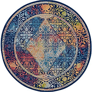 Nourison Global Vintage Persian Blue/Multicolor 4' x ROUND Area -Rug, Easy -Cleaning, Non Shedding, Bed Room, Living Room, Dining Room, Kitchen (4 Round)
