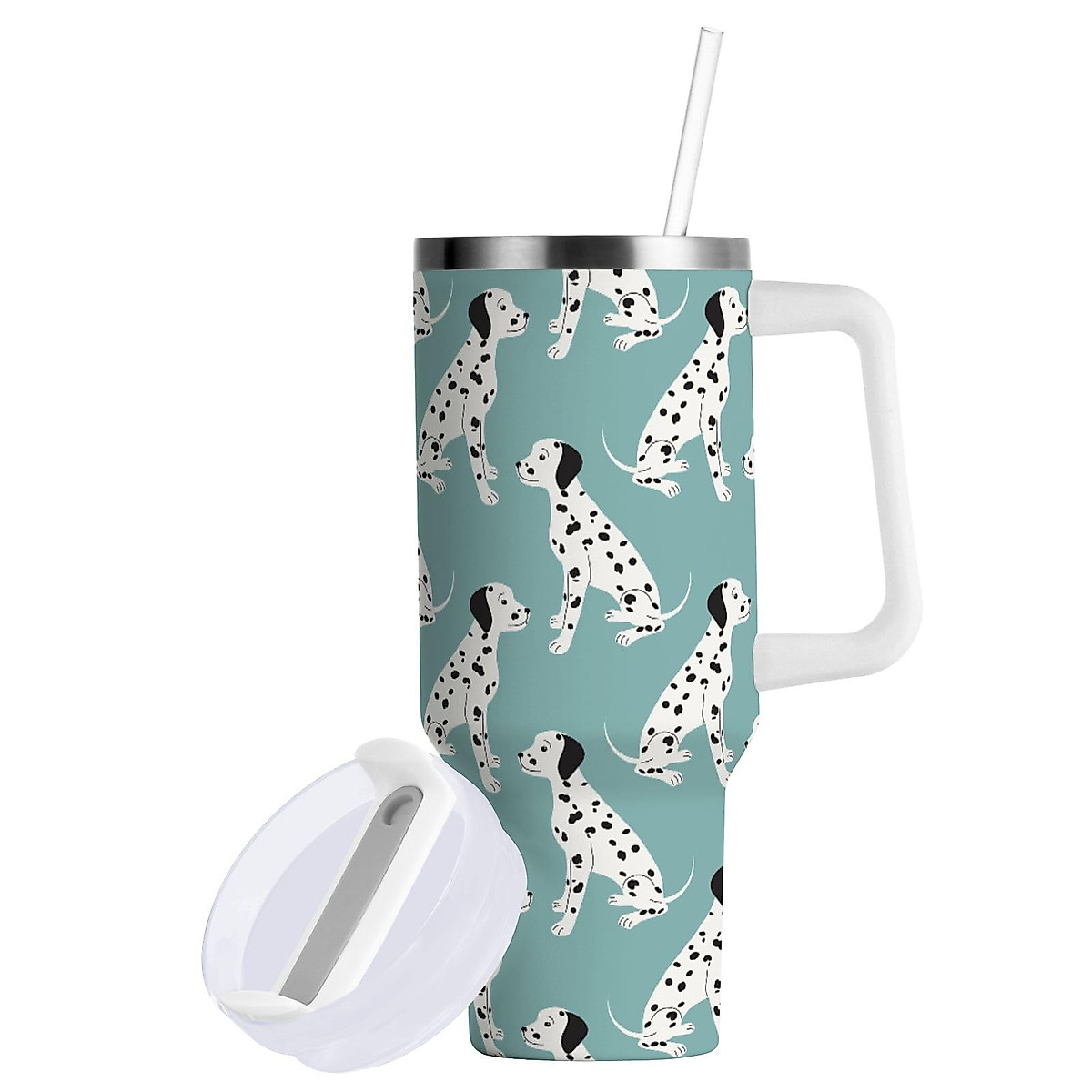 KEEPREAL 40 oz Cute Dalmatian Tumbler with Handle, Insulated Sports Water Bottle with Lid and Straw, Thermal Stainless Steel Travel Coffee Mug Cup