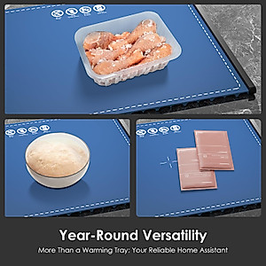 Warming Mat for Food - Electric Food Warming Mat, Full Surface Heating, 3 Temp Settings, Food Warming Mats for Countertop, Child Lock, Timed Shutdown, Heating Mat for Food (Blue)