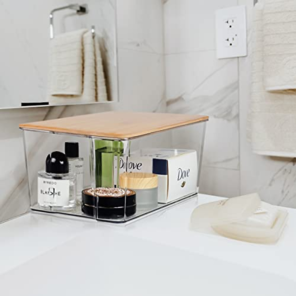 Hudgan Clear Storage Bins with Bamboo Lids, Medicine Cabinet Organizer Stackable Storage Containers with Lids for Pantry Organizers and Storage - 4 Pack