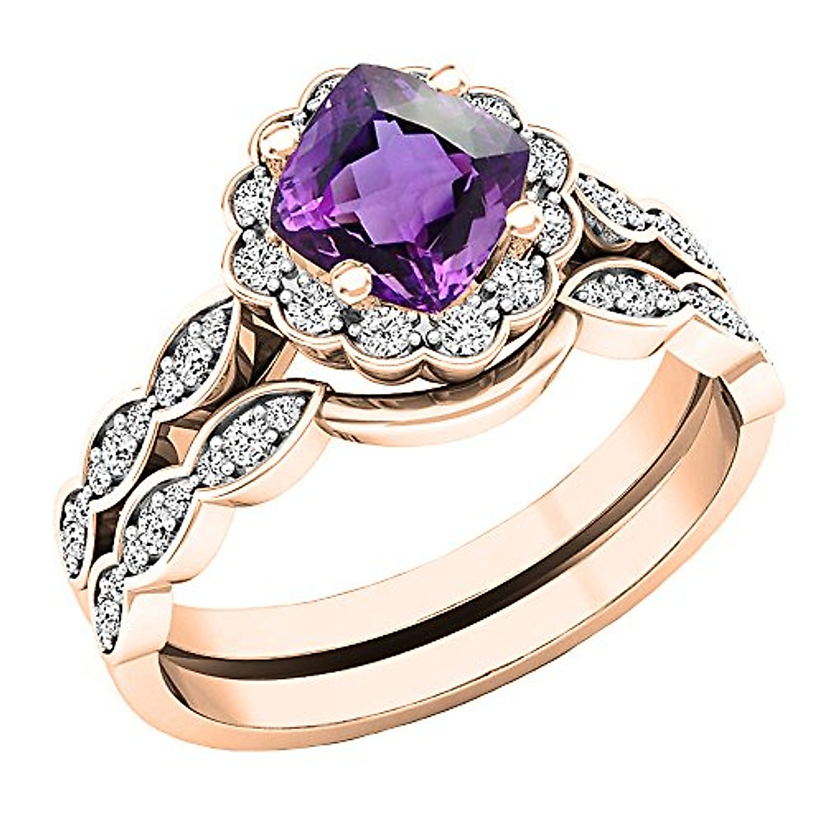 Dazzlingrock Collection 5.5 MM Cushion Amethyst & Round Diamond Ladies Halo Wedding Ring Set in 14K Rose Gold, Size 7.5