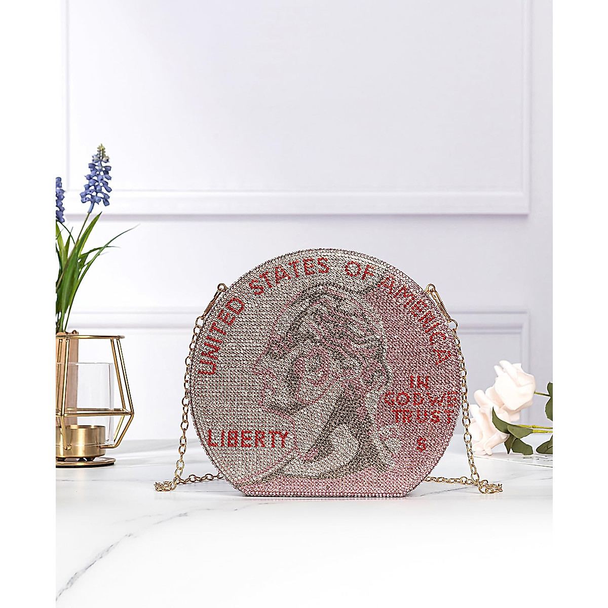 Covelin Women's Dollar Coin Handbag Rhinestone Purse Evening Clutch Bag Pink