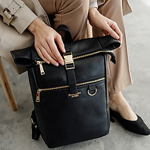 BERLINER BAGS Premium Leather Backpack Harlem, Laptop Bag and Travel Rucksack for Women - Black/Gold