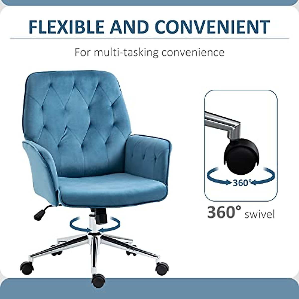 Vinsetto Modern Mid-Back Tufted Velvet Home Office Desk Chair with Adjustable Height, Swivel Adjustable Task Chair with Padded Armrests, Blue