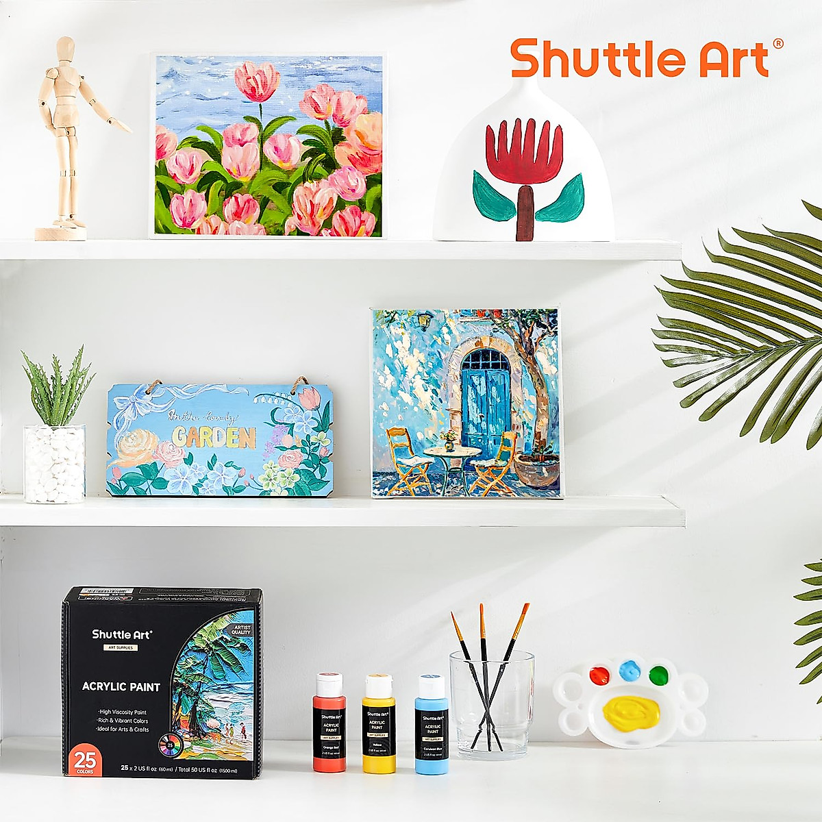 Shuttle Art 25 Colors Acrylic Paint Set, 2oz/60ml Bottles, Rich Pigmented Acrylic Paints for Artists, Beginners, Kids, Painting on Canvas Rocks Wood