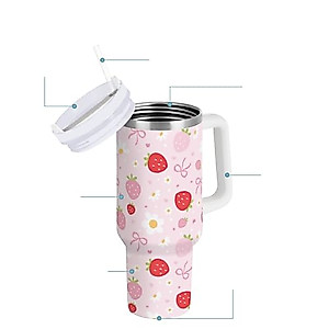 YNNALE 30 oz Tumbler with Straw & Handle - 2 in 1 Lids Leak Proof Tumblers - Large Insulated Stainless Steel Cup - BPA-Free Water Bottle Travel Metal Mug for Women Man,Bow Floral Cute Pink Strawberry