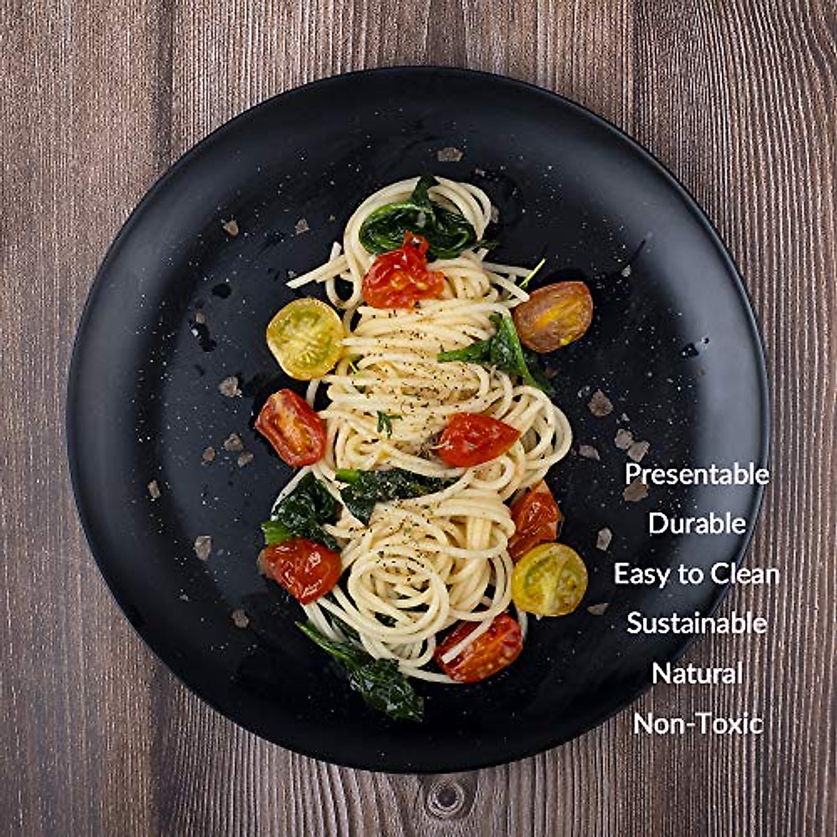 ACASSA Black Dinner Plates Set of 4, Kitchen Plates, Matte Black Plates, Modern Dinner Plates, Dishwasher Safe, Unbreakable Dinnerware, Bamboo Fiber, Lightweight, Sustainable (Black, 10 inch)