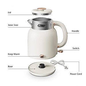 Bear ZDH-C15C1 Electric Kettle for Coffee & Tea, Stainless Steel Hot Water Boiler with Keep Warm Function, Auto Shut-Off, BPA Free, 1.5l, Ivory White