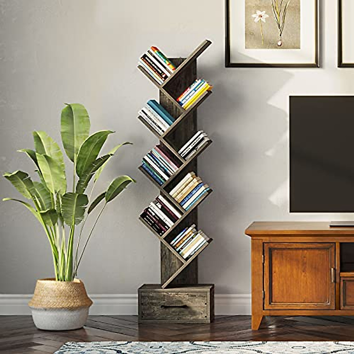 Rolanstar Bookshelf with Wooden Drawer, 9 Shelf Tree Bookshelf, Modern Book Storage, Free Standing Tree Bookcase, Utility Organizer Shelves for Home Office, Living Room, Bedroom, Grey