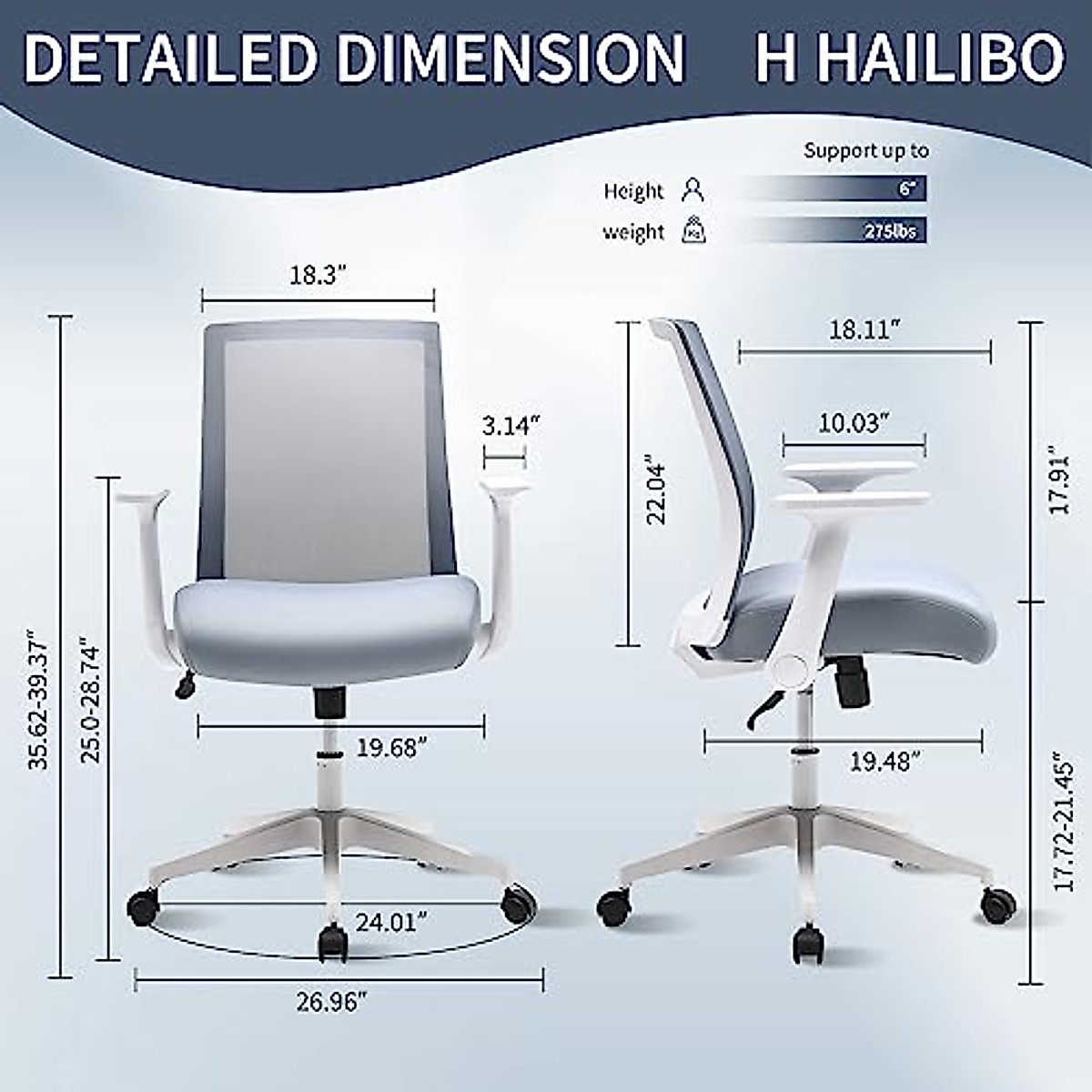 H HAILIBO Office Chair, Mesh Back Desk Chair, Swivel Ergonomic Computer Chair with Flip-Up Arms and Adjustable Height (Light Blue)