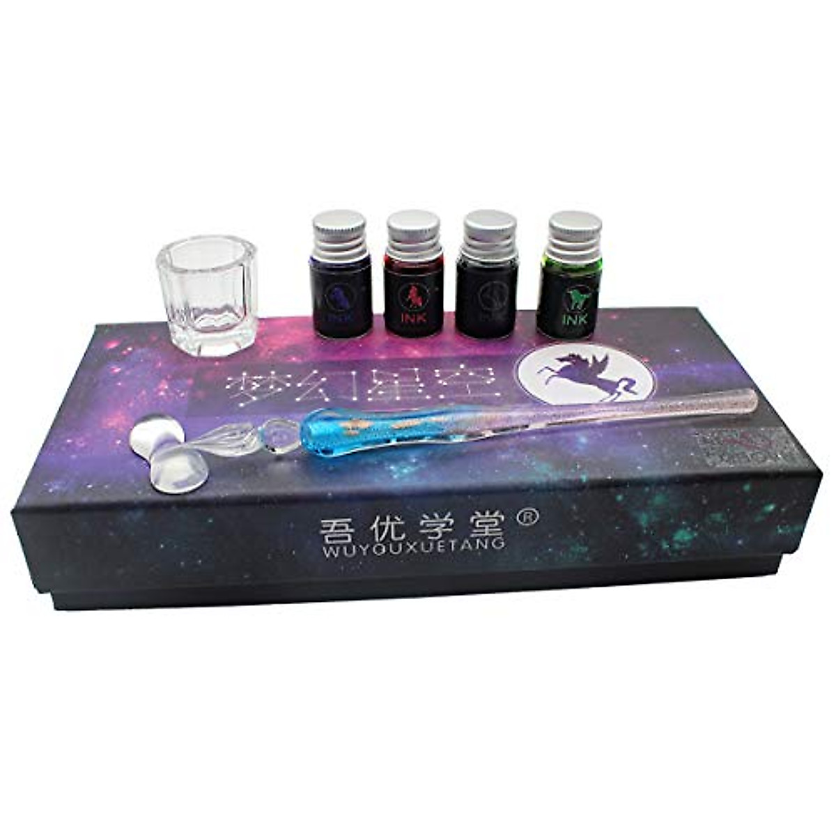 XIAOYU 7 Pieces Glass Dip Pen Set Handmade Starry Sky Calligraphy Pen and 4 Bottle Inks - Lake Blue